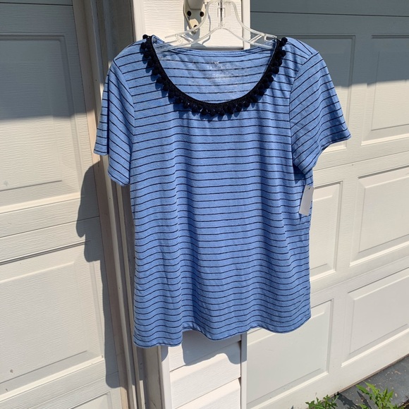 Talbots | Tops | Nwt Talbots Light Blue Navy Stripe Pom Pom Trim | Poshmark